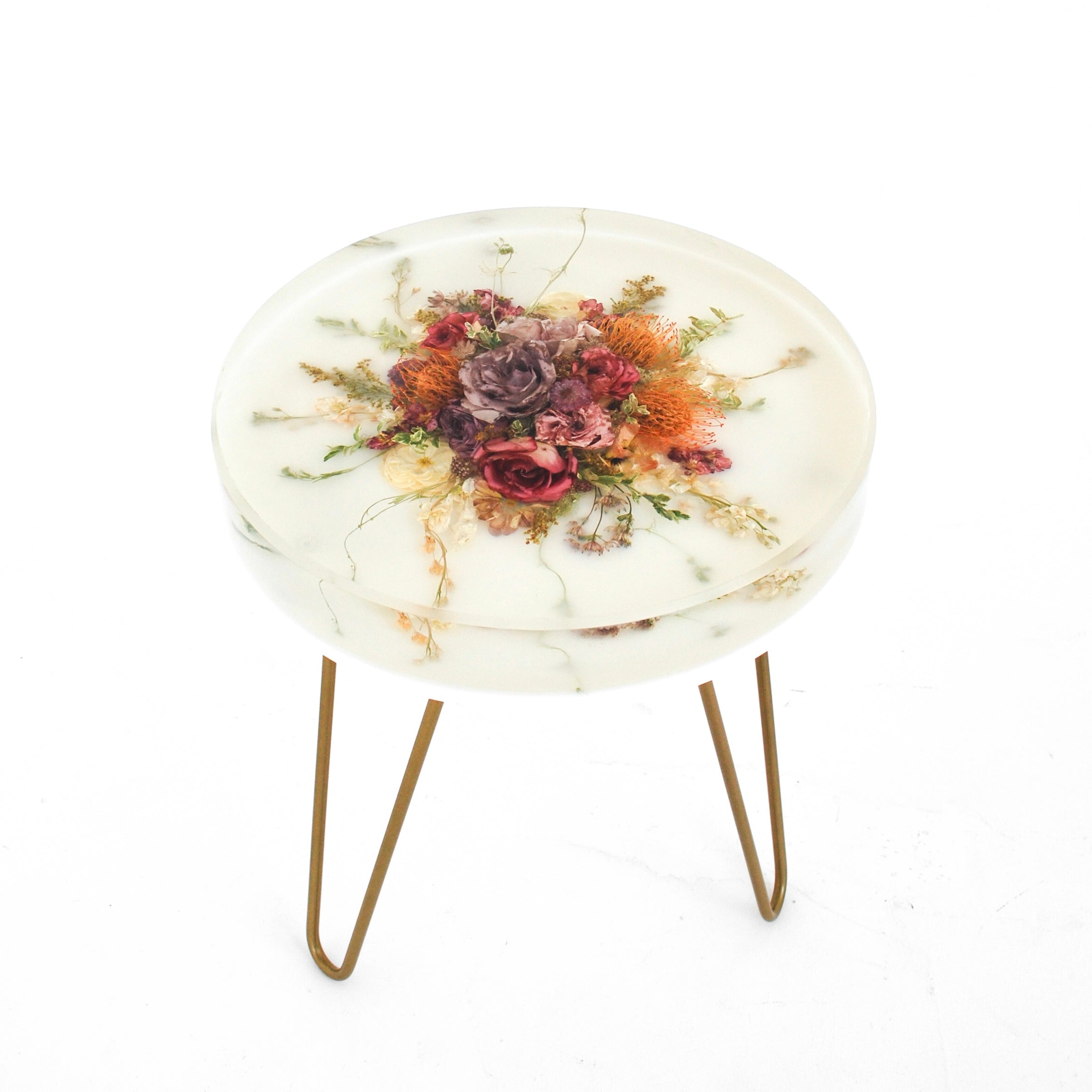Round Side Table Custom Made With Preserved Flowers in Resin