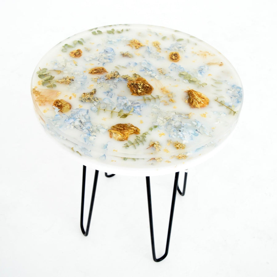Round Side Table Custom Made With Preserved Flowers in Resin